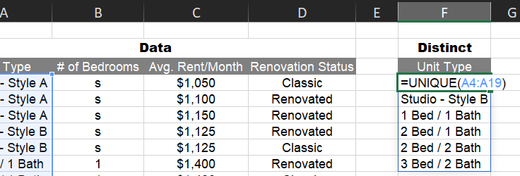 Using the UNIQUE function to generate an apartment unit mix summary ...